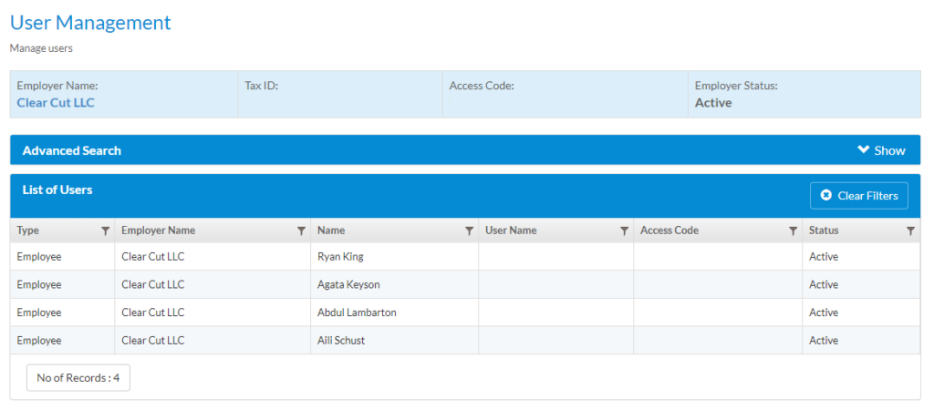 Manage Users - Benefits Platform Support Page
